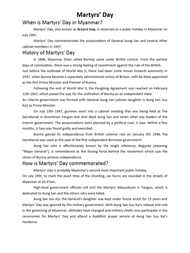 Martyrs' Day: Commemoration in Myanmar | PDF | Myanmar | Politics Of ...
