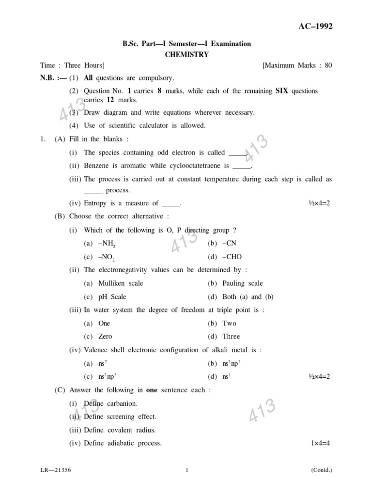 BSC 1 Sem Chemistry Ac 1992 W 2022 | PDF | Physical Chemistry ...