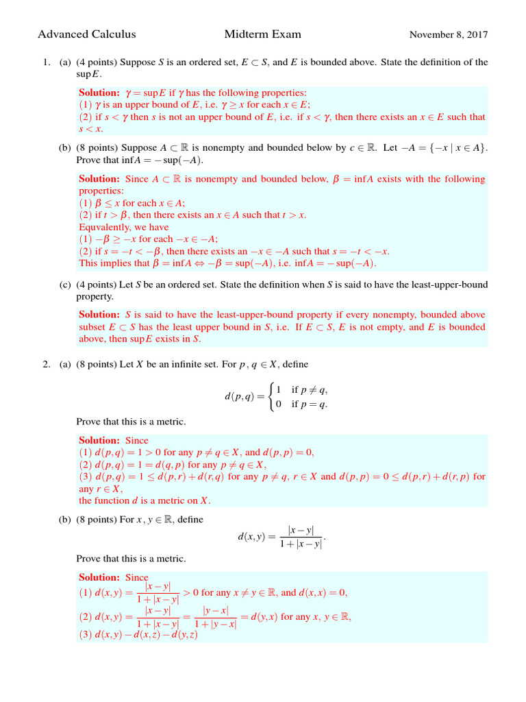 Advanced Calculus Midterm Exam 1 Pdf Compact Space Functions And