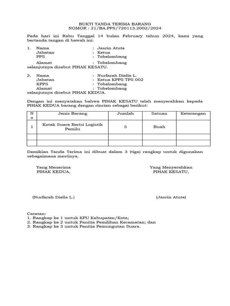 Template Bukti Tanda Terima Barang Pps | PDF