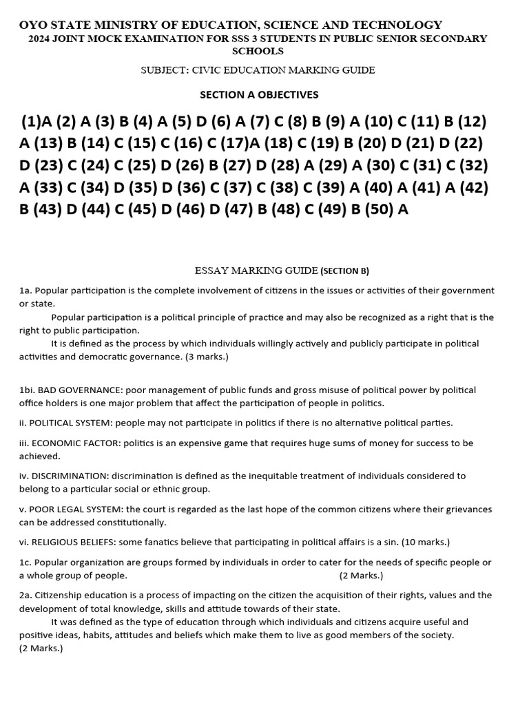 Mock 2024 Civic Educ Marking Guide | PDF | Parenting | Citizenship