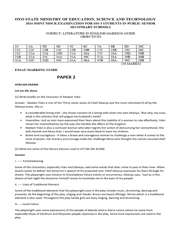 Mock 2024 Literature in English Marking Guide | PDF
