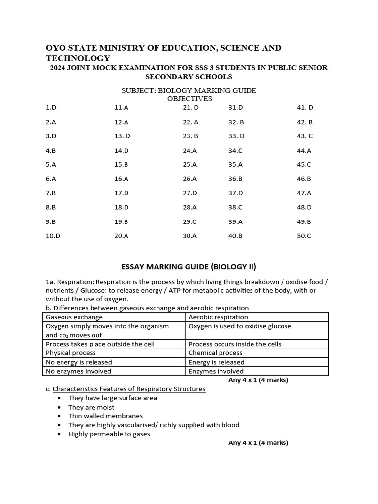 Mock 2024 Biology Marking Guide | PDF | Cellular Respiration | Foods