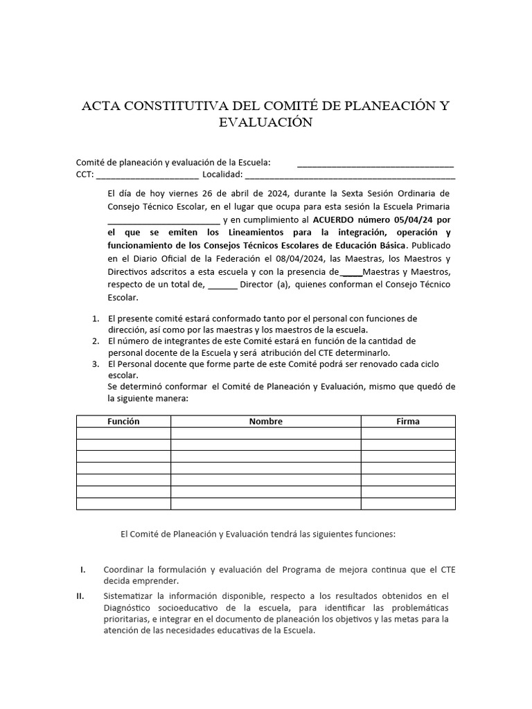 Acta Constitutiva Del Comité de Planeación y Evaluación | PDF | Evaluación | Escuelas