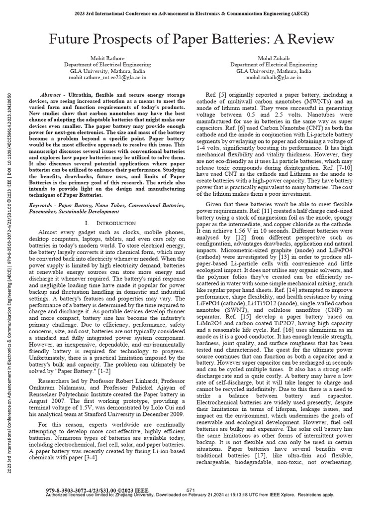 Future Prospects of Paper Batteries A Review | PDF | Rechargeable ...