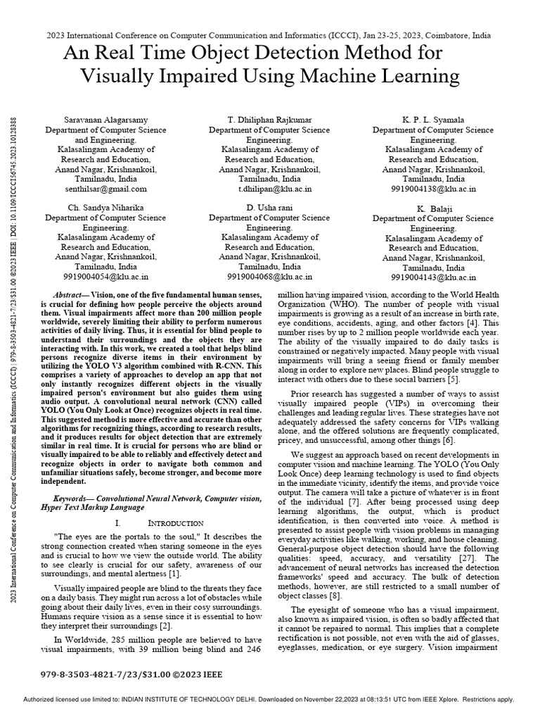 An Real Time Object Detection Method For Visually Impaired Using Machine Learning | PDF ...