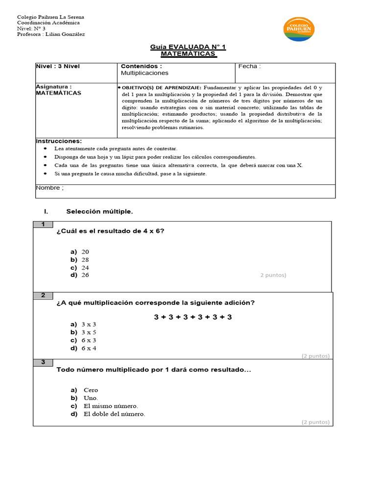 Guía Evaluada de Matemáticas Nivel 3 | PDF | Matemáticas | Álgebra abstracta