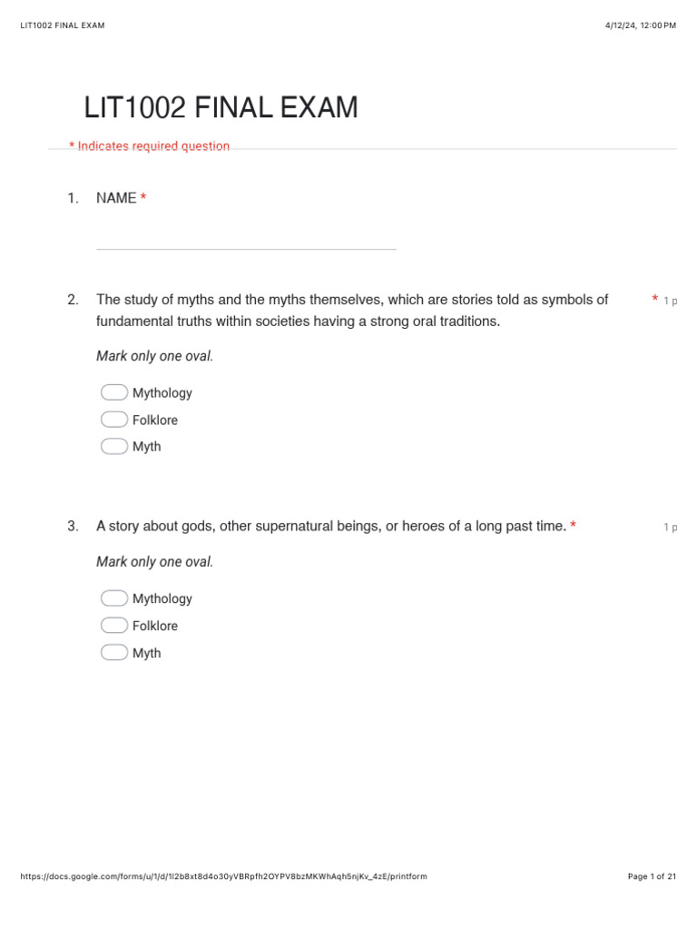 Lit1002 Final Exam | PDF | Greek Mythology | Apollo