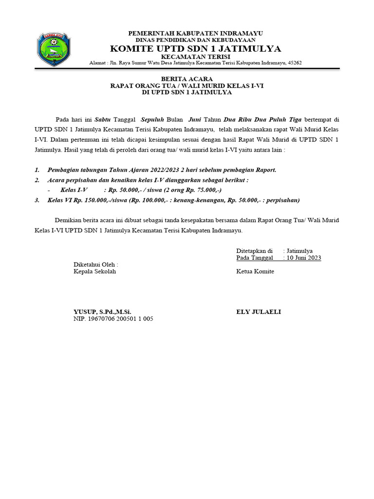Berita Acara Rapat Wali Murid Pdf