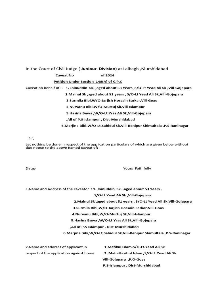 Caveat Joinuddin SK Jnniour Division 1234512 | PDF | Justice | Crime ...