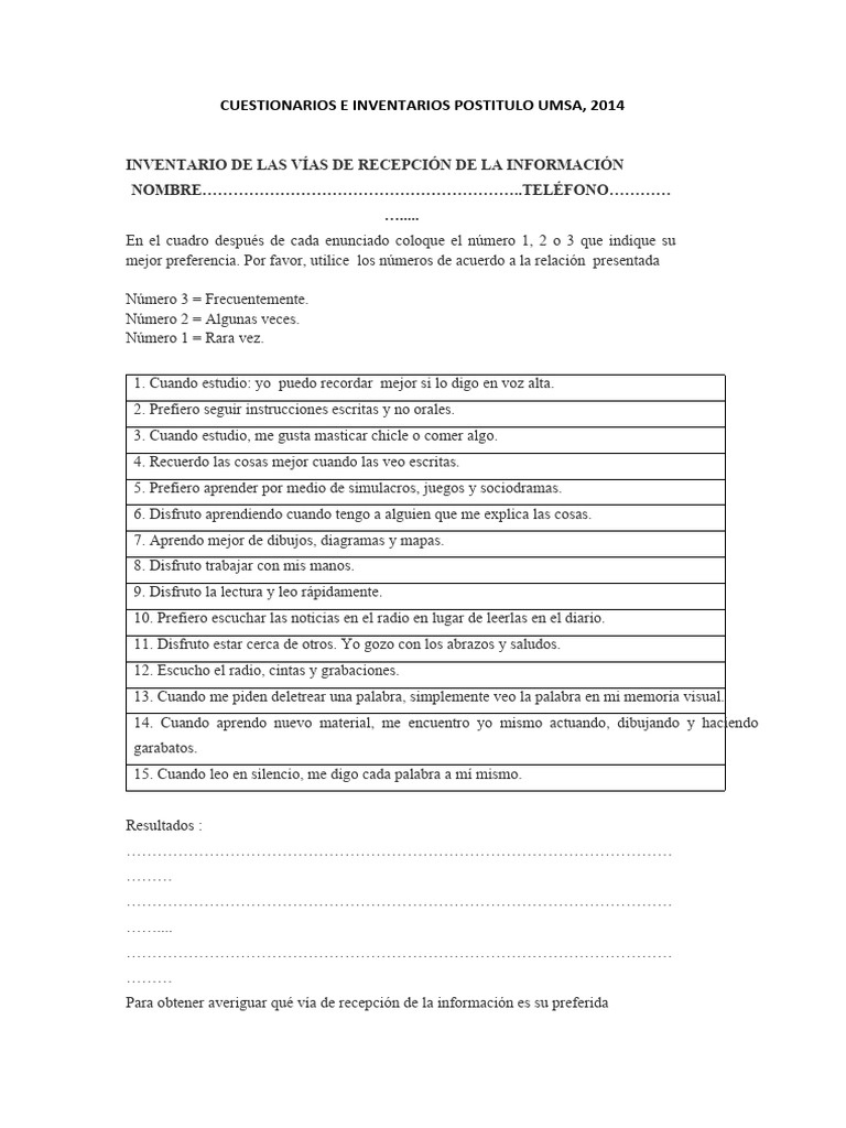 Cuestionarios e Inventarios Postitulo Umsa | PDF | Aprendizaje | Cognición