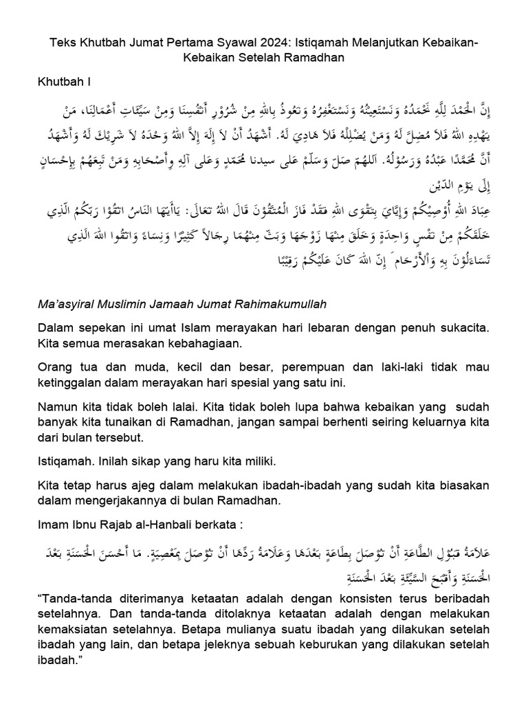 Teks Khutbah Jumat Pertama Syawal 2024 | PDF