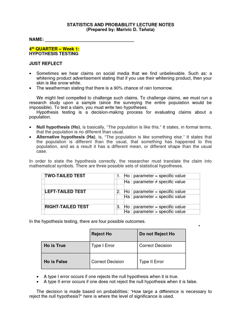Quarter4 Statistics Lecture Notes | PDF | Type I And Type Ii Errors ...