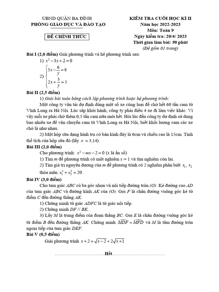 De Cuoi Hoc Ki 2 Toan 9 Nam 2022 2023 Phong GDDT Ba Dinh Ha Noi | PDF