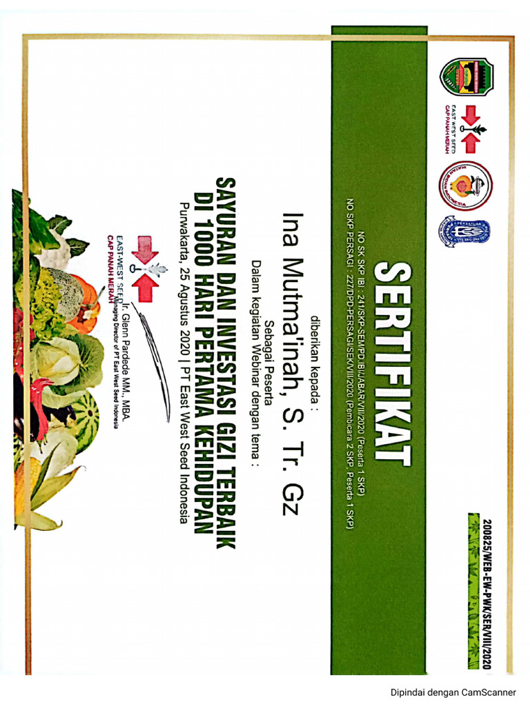 Sertifikat Seminar Gizi 25 AGS 20 | PDF