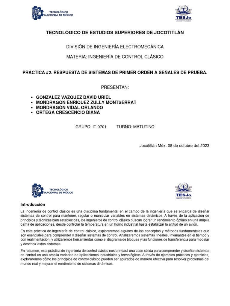 Práctica 2. Respuesta de Sistemas de Primer Orden A Señales de Prueba ... Práctica 2. Respuesta de Sistemas de Primer Orden A Señales de Prueba ...