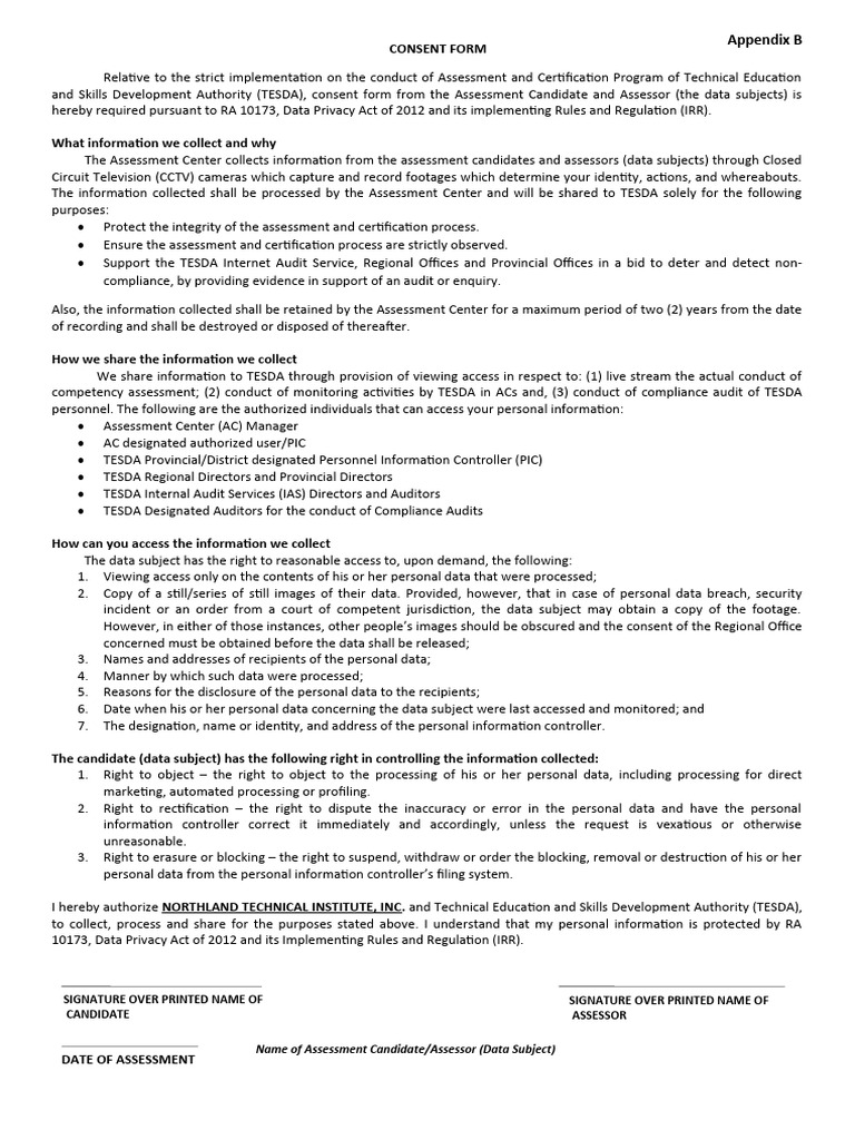 Consent Form Tesda | PDF | Audit | Information