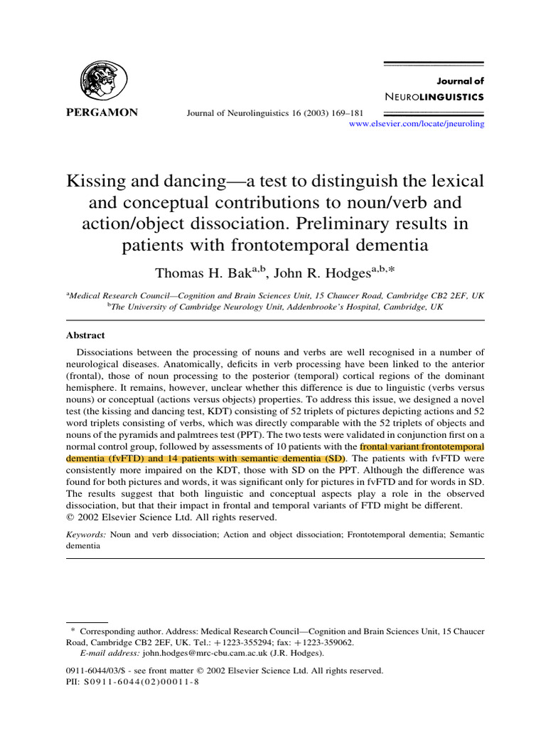 Kissing and Dancing Test | Download Free PDF | Brain | Cognition