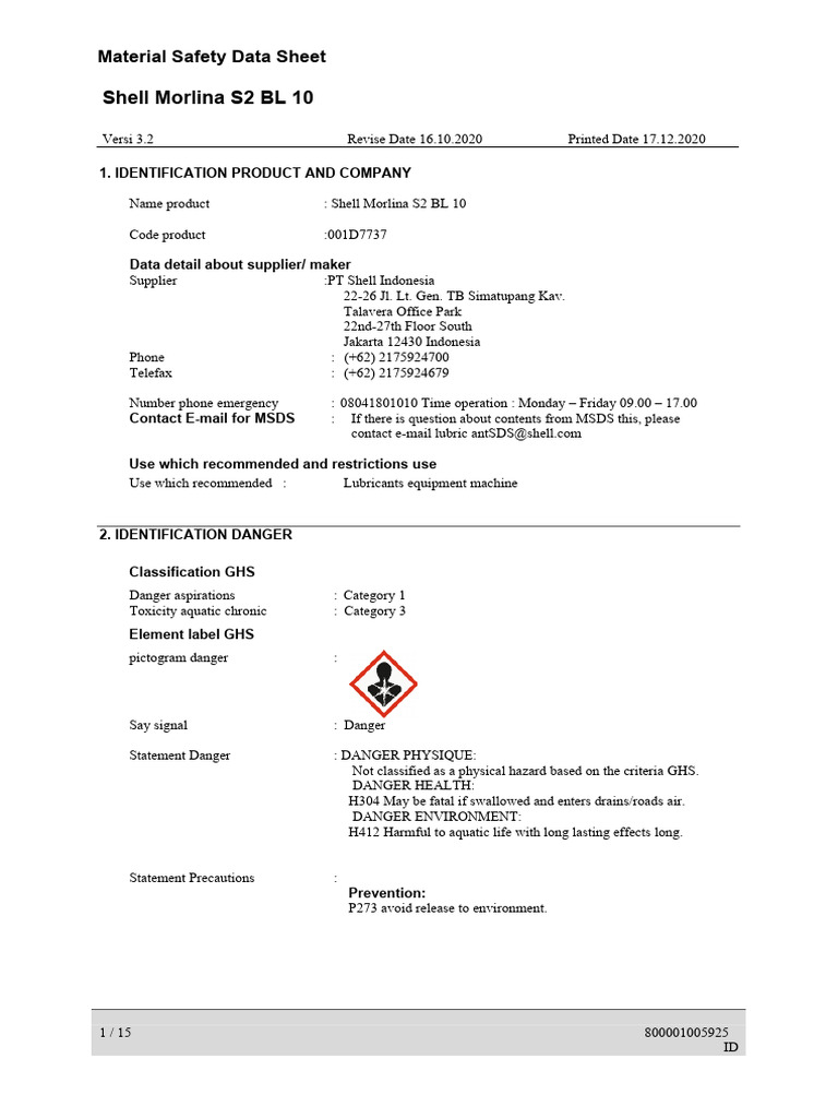 MSDS Oil Machine - Shell Morlina - English | Download Free PDF ...
