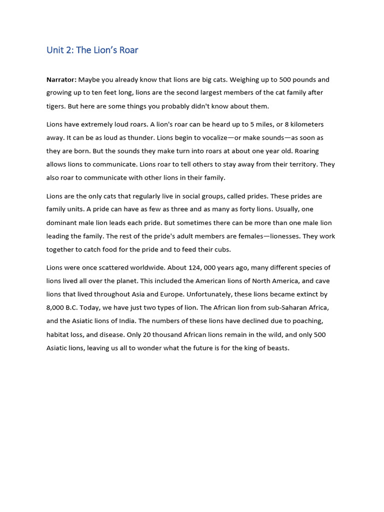 Unit 2 - The Lions Roar | PDF | Young Adult | General Fiction