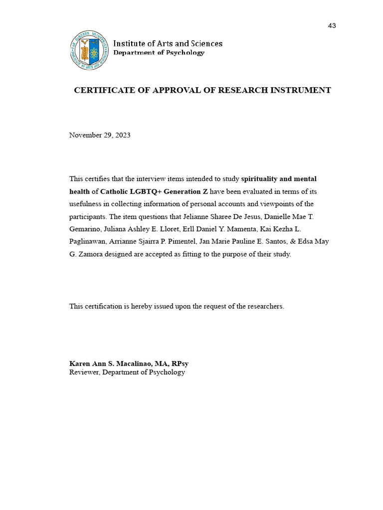 2.12.2 - Certification of Research Instrument | PDF | Psychology | Behavioural Sciences