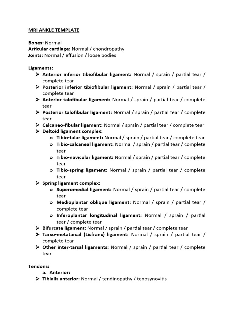 MRI Ankle Report Template | PDF