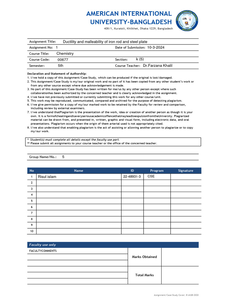 AIUB Assignment Cover Sheet | PDF | Plagiarism