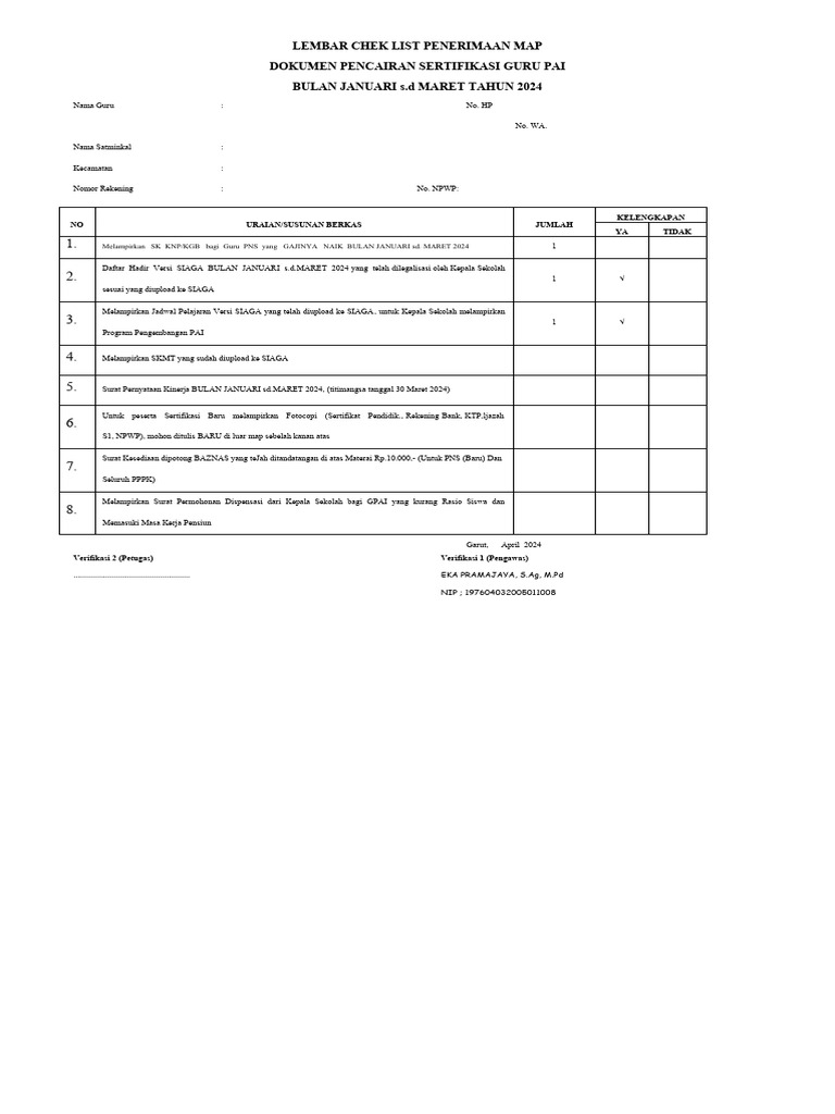 Lembar Ceklis Pemberkasan TPG Gpai Jan Maret 2024 | PDF