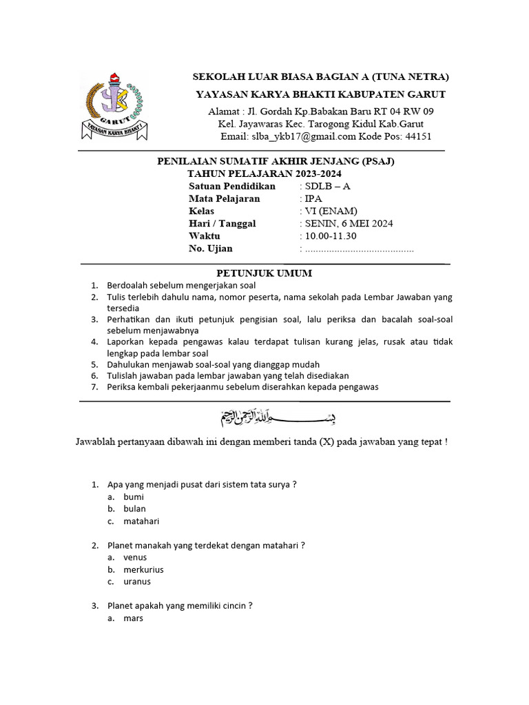Contoh Soal Psaj IPA Kelas 6 SDLB | PDF