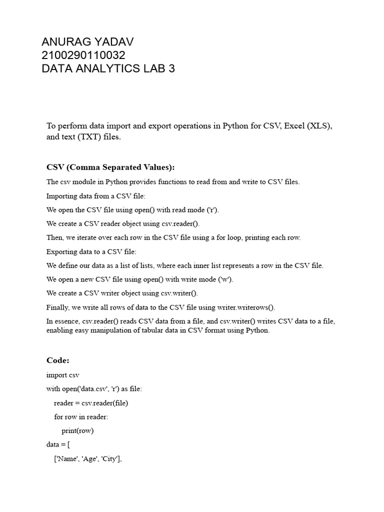 Data Analytics Lab3 2100290110032 | PDF | Comma Separated Values | Microsoft Excel