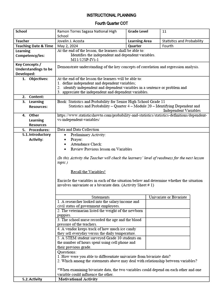Statistics and Probability - 4th Quarter COT | PDF | Dependent And ...