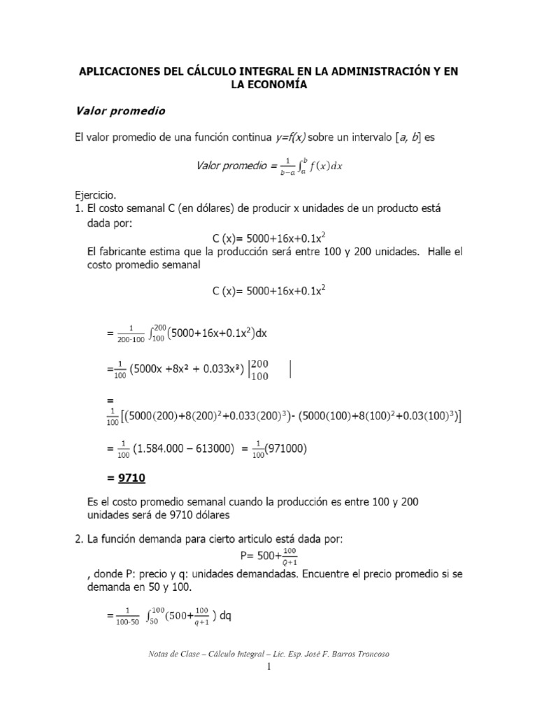 APLICACIONES DEL CÁLCULO INTEGRAL EN LA ADMINISTRACIÓN Y EN LA ECONOMÍA. Valor Promedio - PDF | PDF