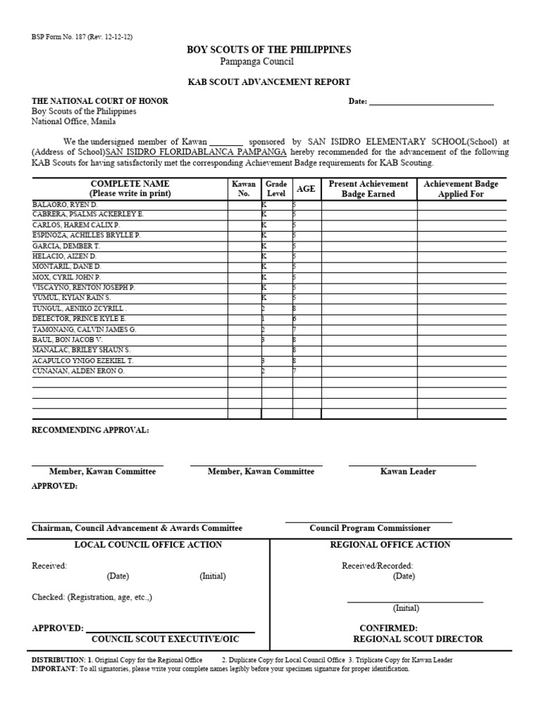 SIES Revised-BSP-Form-No-187-KAB-Scout-Advancement-Report | Download ...
