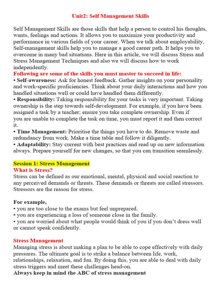 SELF MANAGEMENT | PDF | Goal | Stress (Biology)