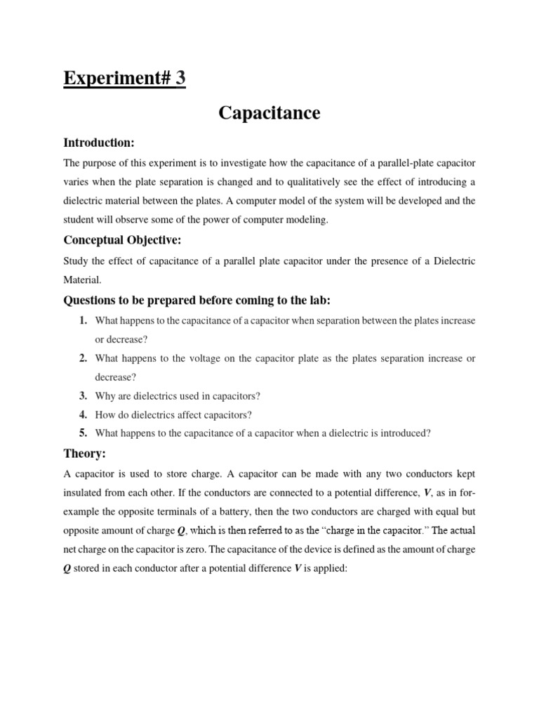 Experiment# 3 - Capacitance | PDF | Capacitor | Capacitance