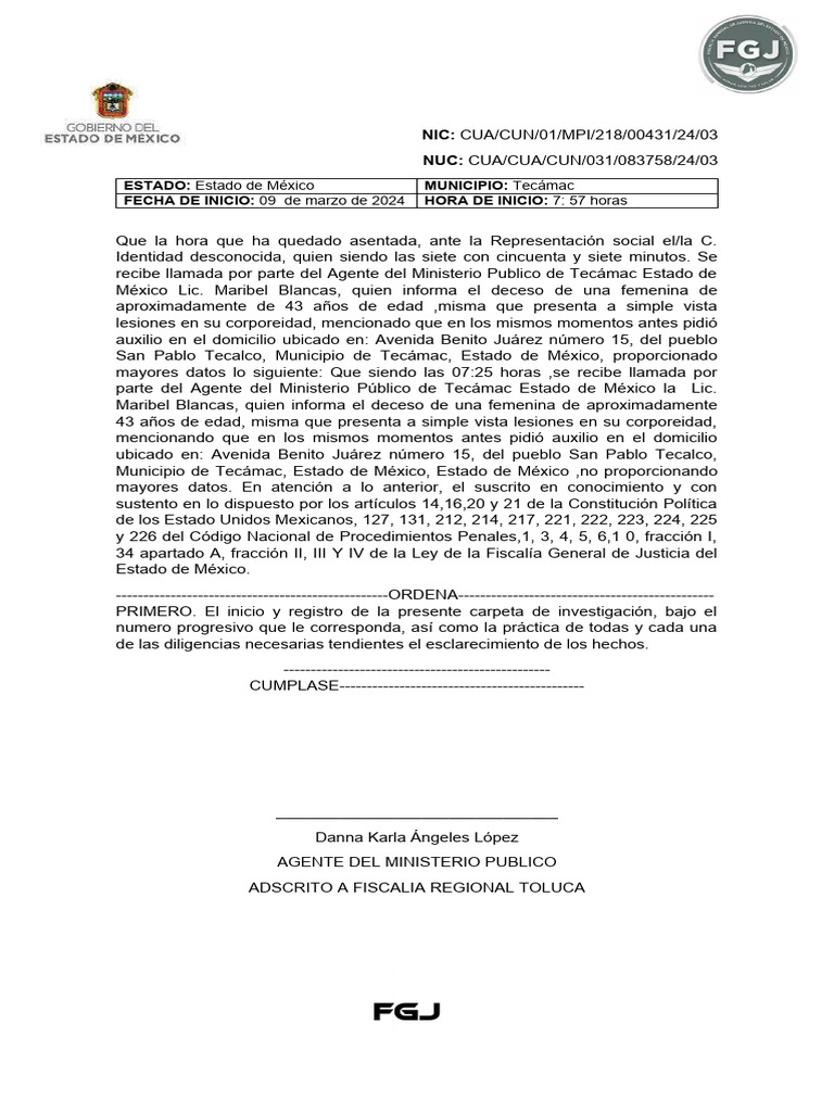 Carpeta de Investigación Homicidio | PDF | Fiscal | México