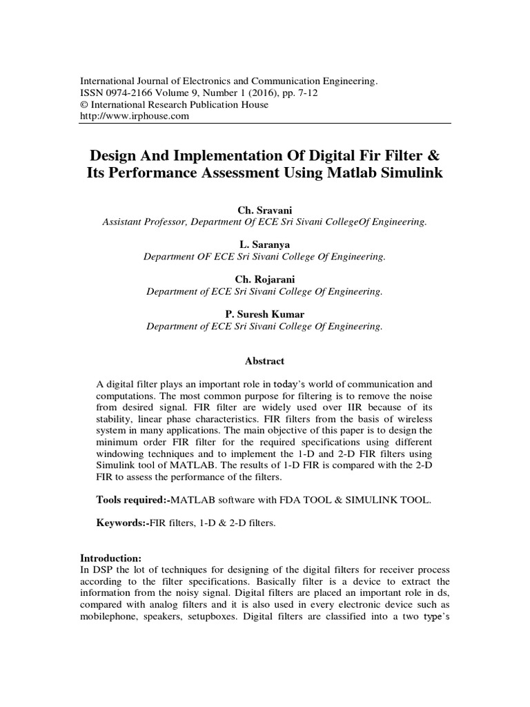 Design and Implementation of Digital Fir Filter & Its Performance Assessment Using Matlab ...