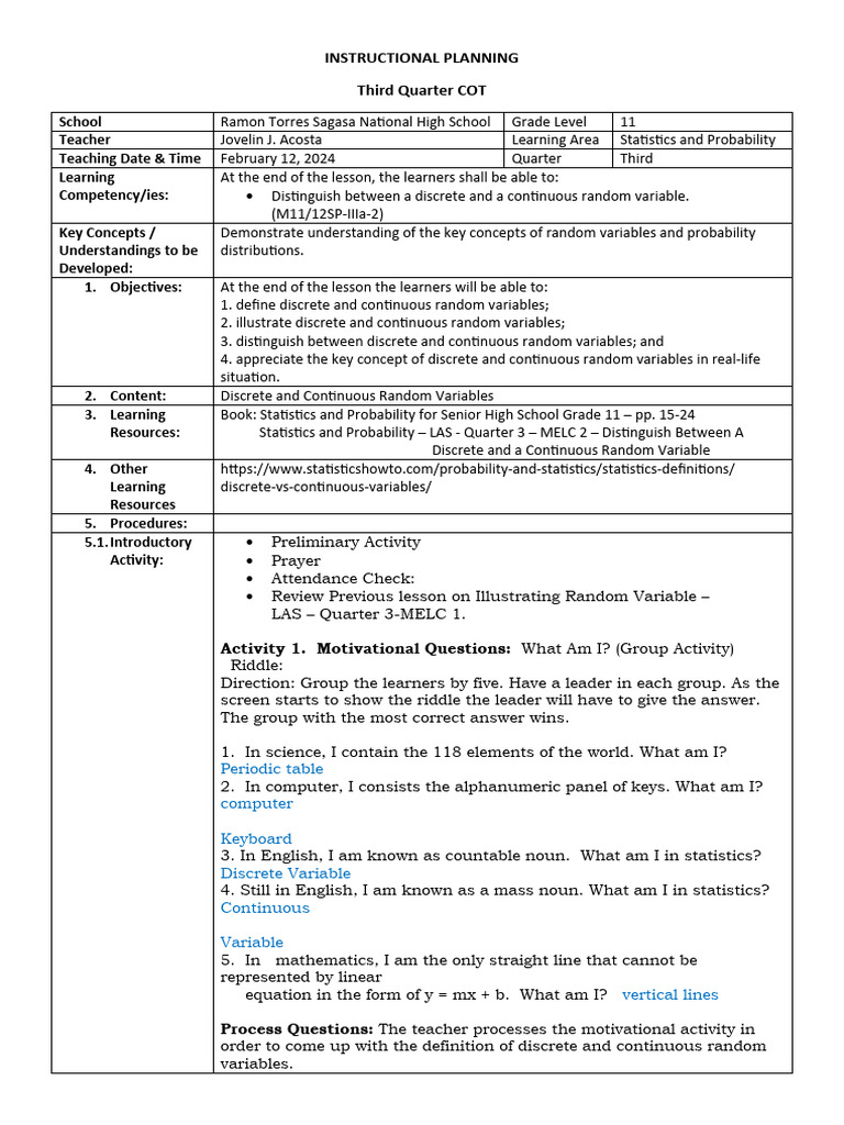 INSTRUCTIONAL PLANNING No. 3 Statistics | PDF | Probability Distribution | Variable (Mathematics)
