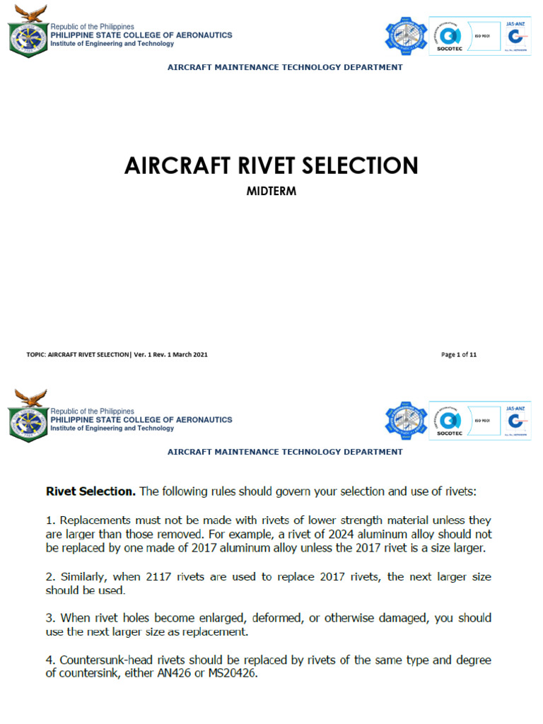 AIRCRAFT RIVET SELECTION Laboratory | PDF | Rivet | Sheet Metal