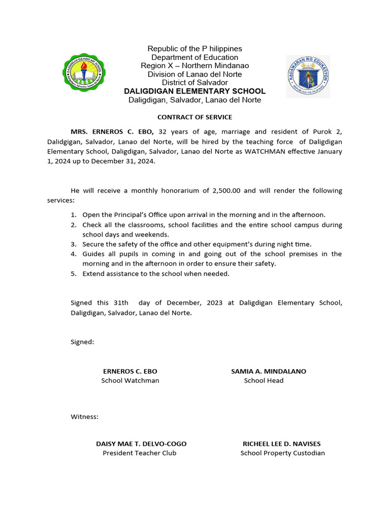 Watchman Contract of Service | PDF