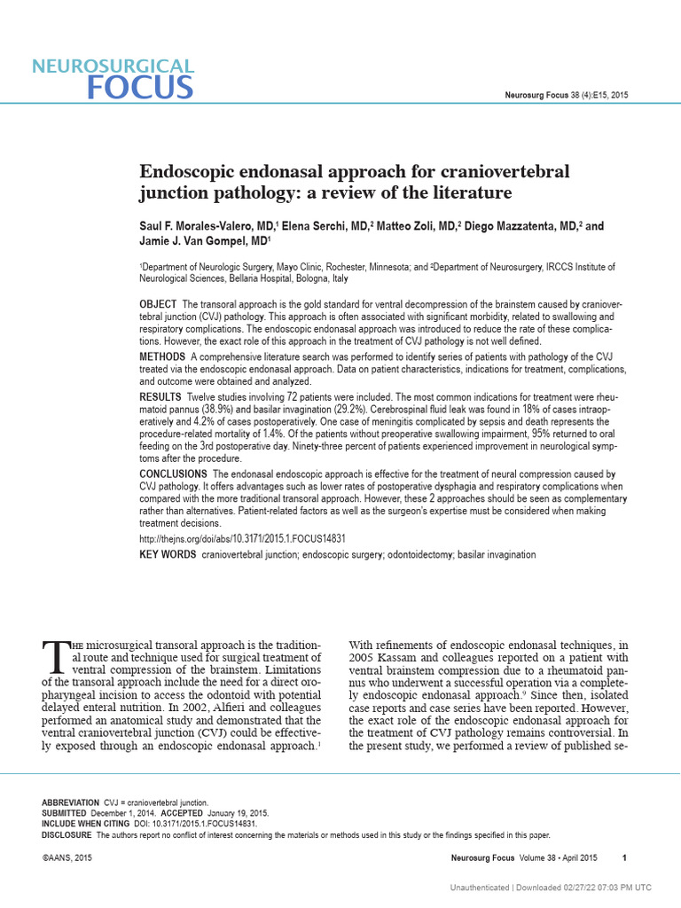 Endoscopic Endonasal Approach For Craniovertebral Junction Pathology A Review of The Literature ...
