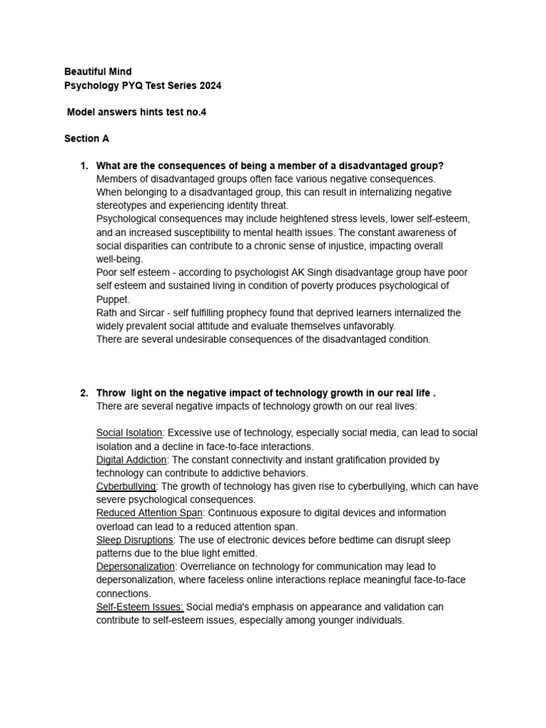 Model Answer Test4 J&K | PDF | Cognitive Behavioral Therapy ...