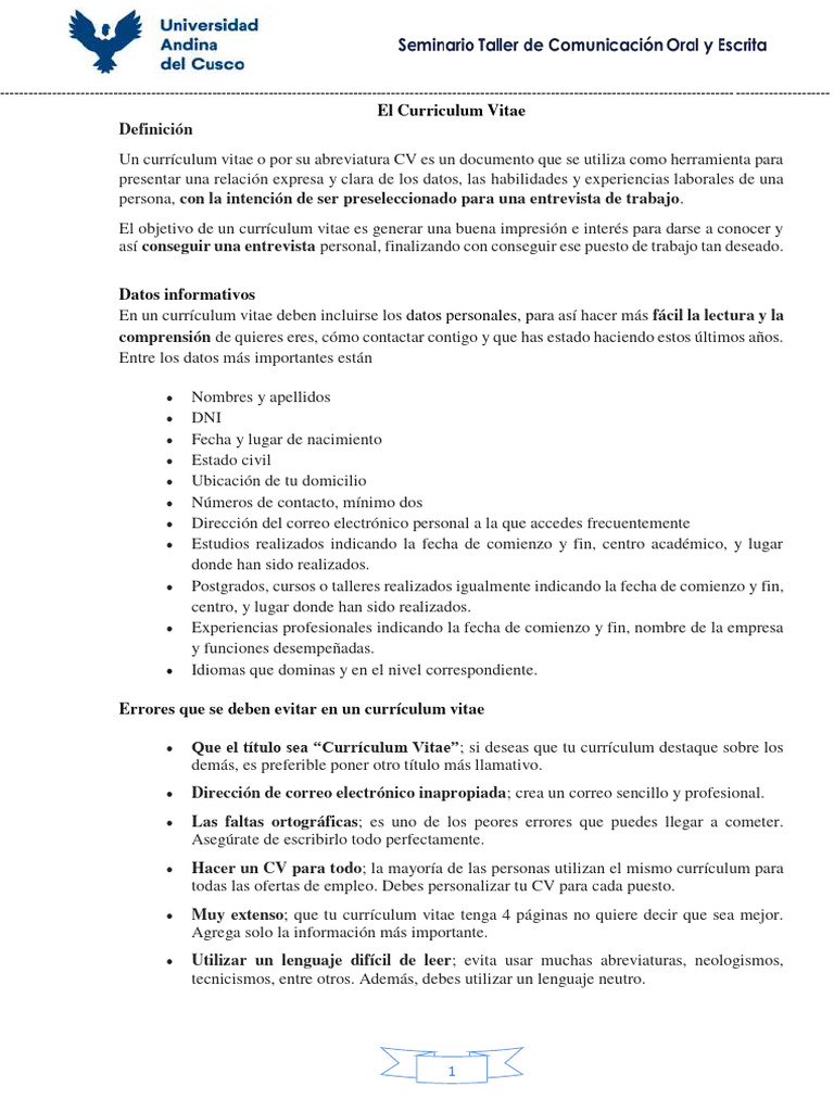 Ficha Sobre El Curriculum Vitae | PDF