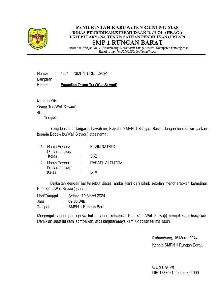 Surat Panggilan Siswa (I) - 21-02-2023 | PDF Surat Panggilan Siswa (I) - 21-02-2023 | PDF
