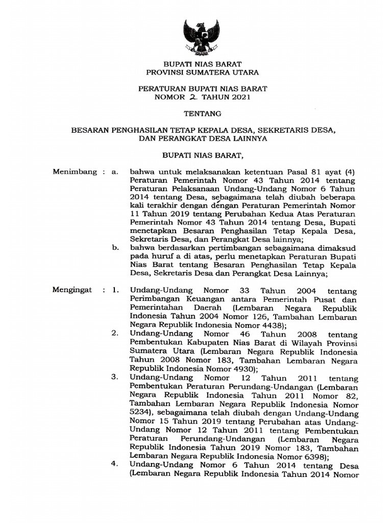 Perbup Tentang Besaran Siltap 2021 | PDF