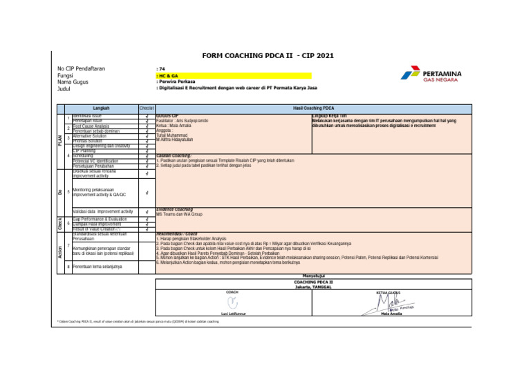 Form Coaching PDCA II - Perwira Perkasa | PDF