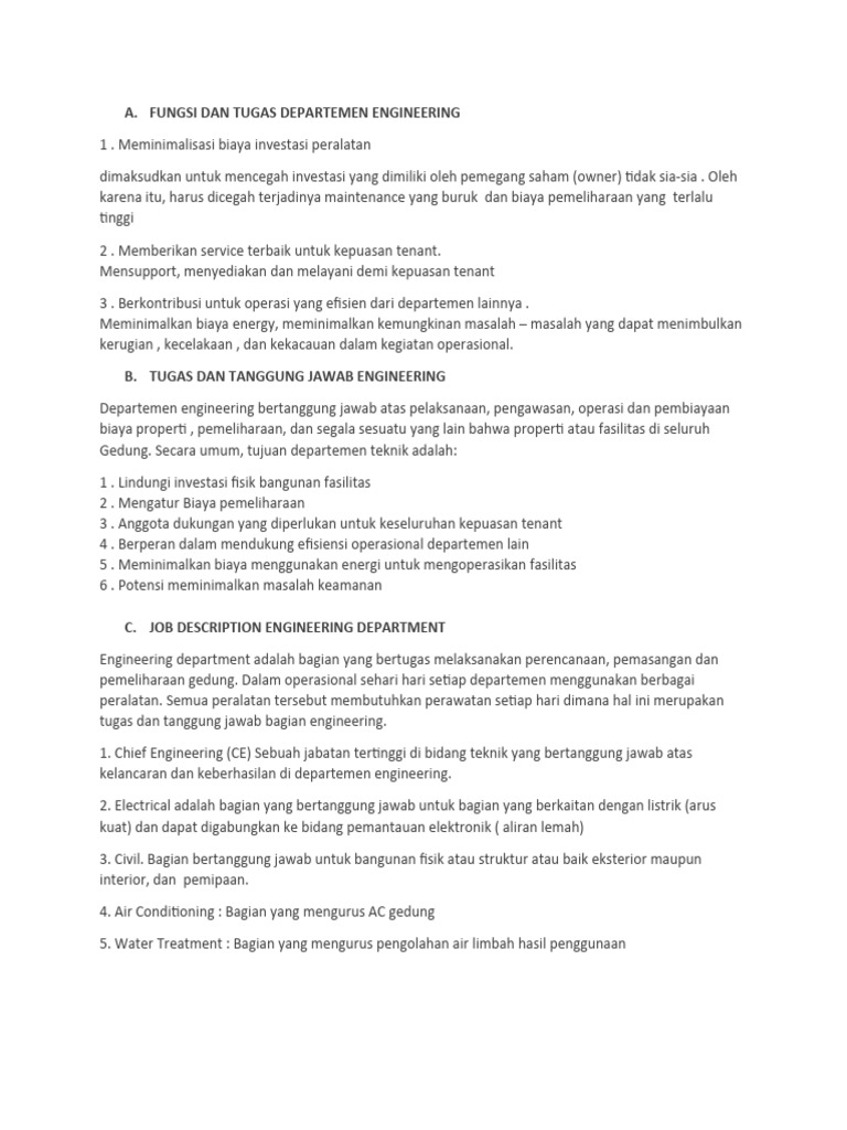 Tugas dan Fungsi Departemen Engineering | PDF