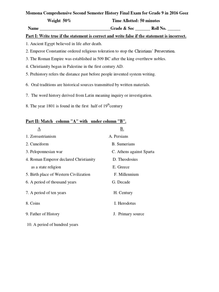 Momona Comprehensive Second Semester History Final Exam For Grade 9 in ...