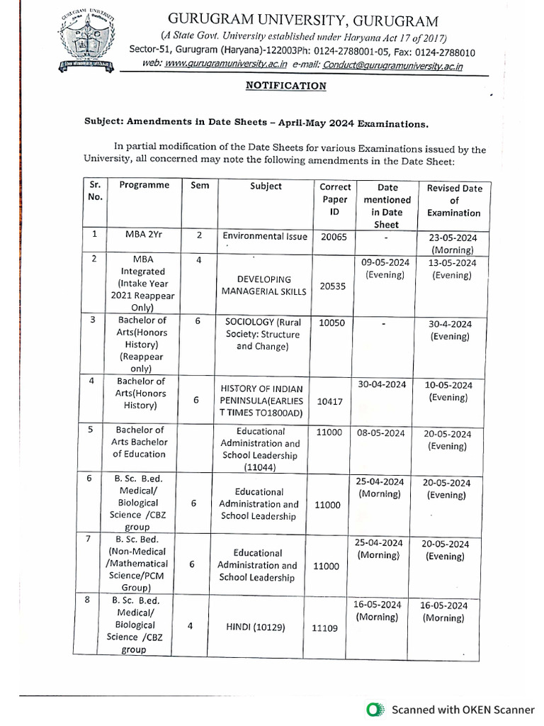 Amendment in Date Sheets - April-May 2024 Examinations Dated 22-04-2024 ...