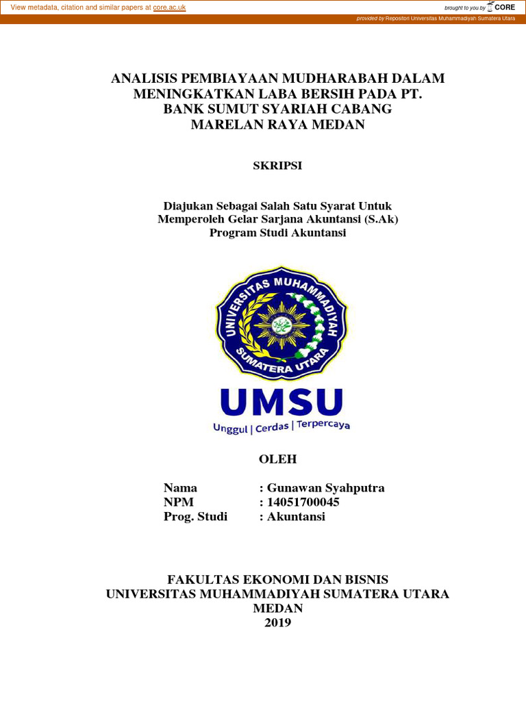 Analisis Pembiayaan Mudharabah Dalam Meningkatkan Laba Bersih Pada Pt. Bank Sumut Syariah Cabang ...